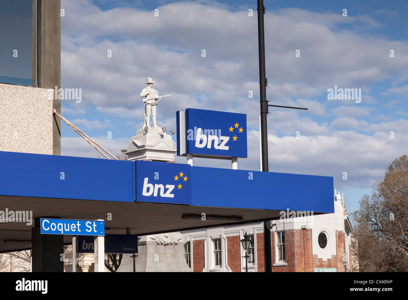 Bank of New Zealand sign, Oamaru, Otago, New Zealand. In the background ...