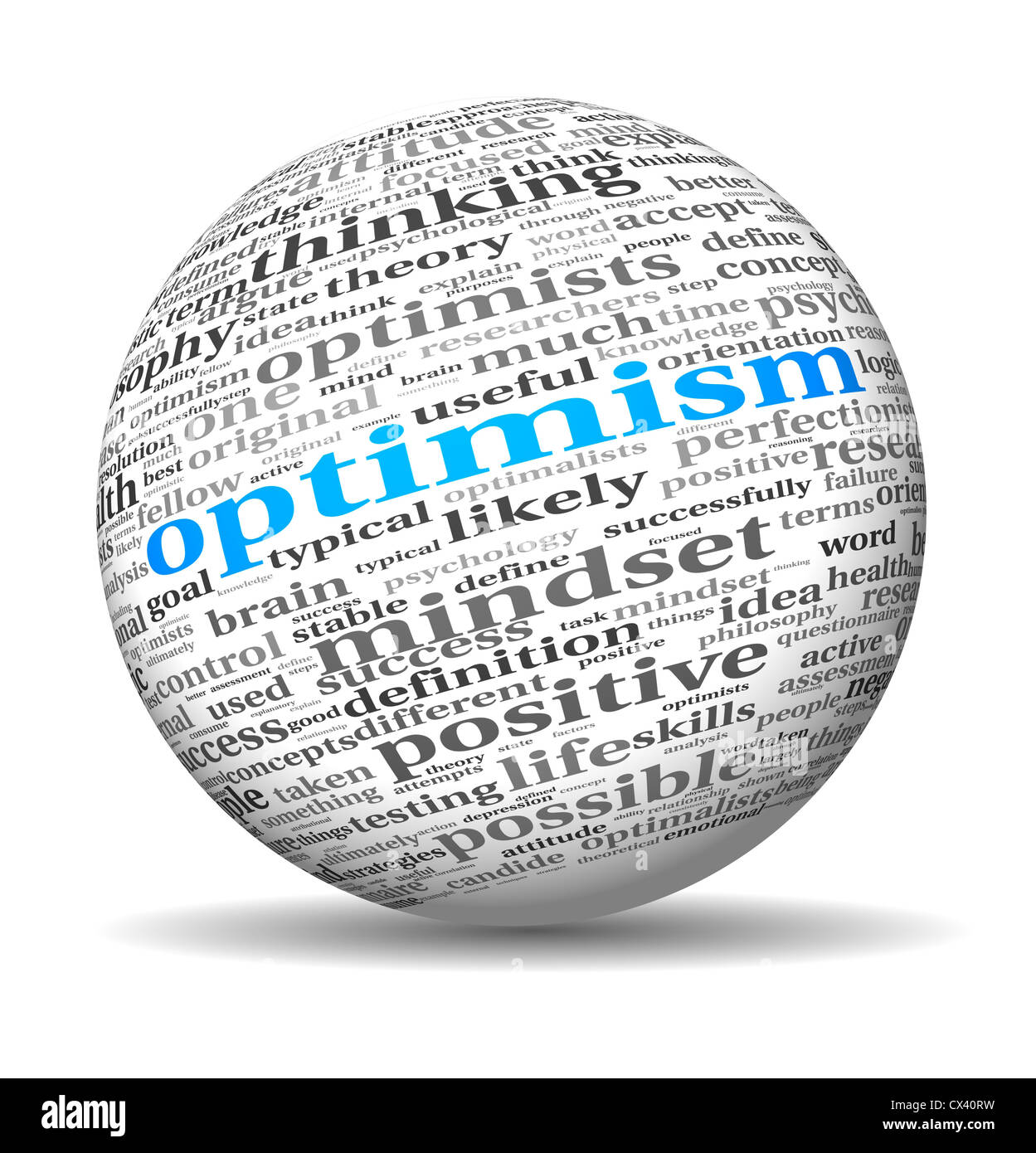 Optimism concept in word tag cloud on 3d sphere Stock Photo - Alamy