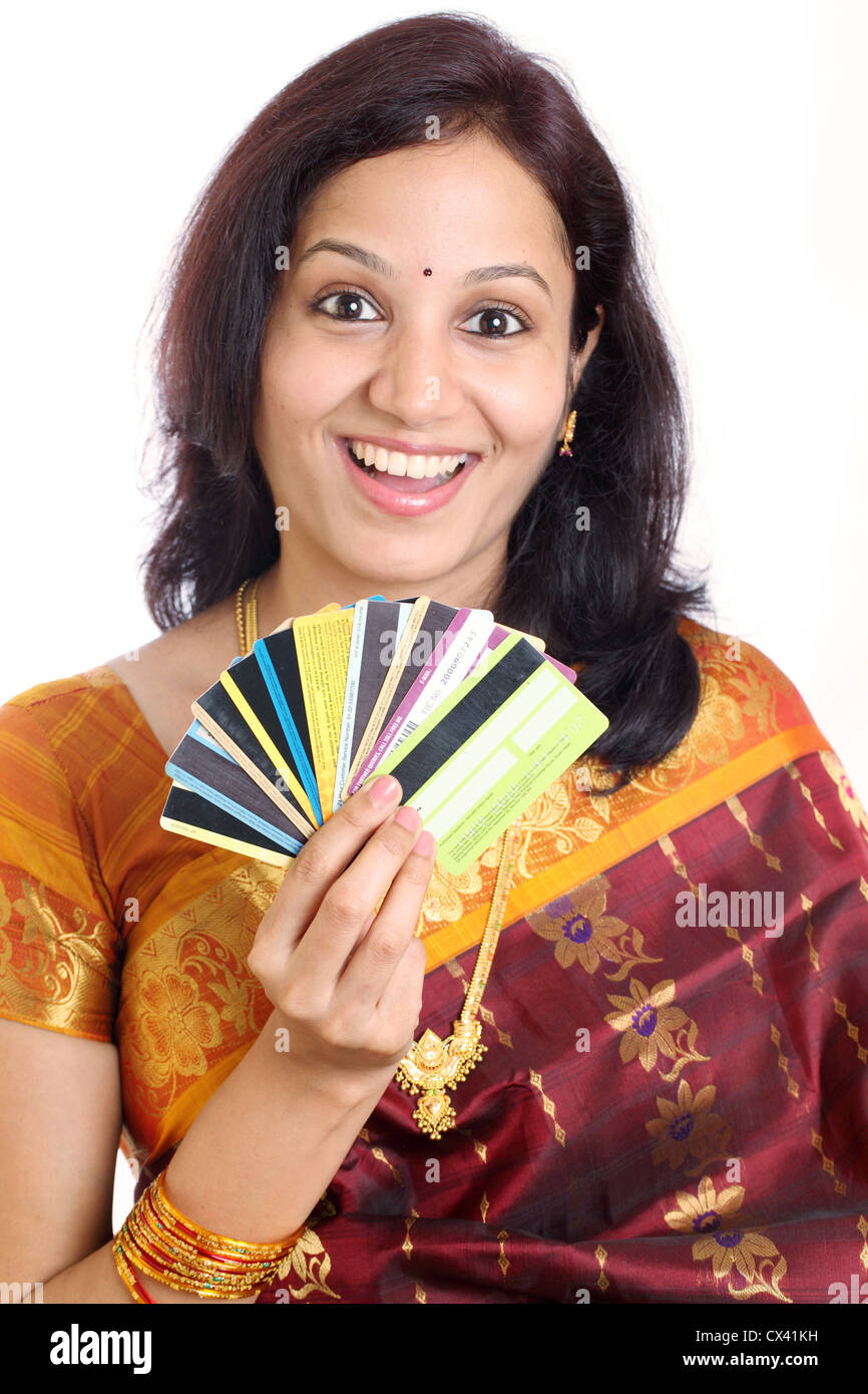 Happy young traditional with credit and debit cards Stock Photo - Alamy