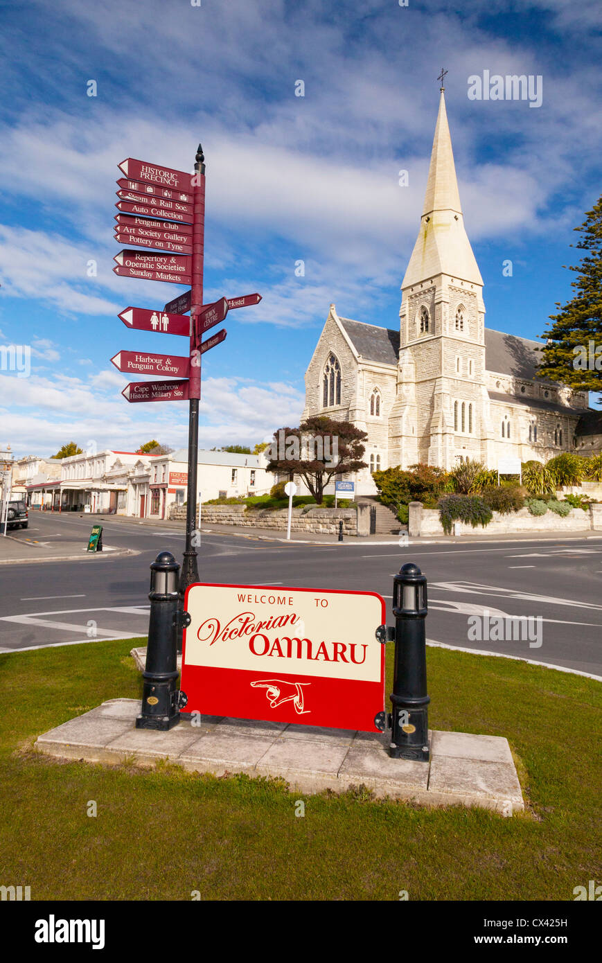 Sign, Welcome to Victorian Oamaru, directions for attractions, and St ...