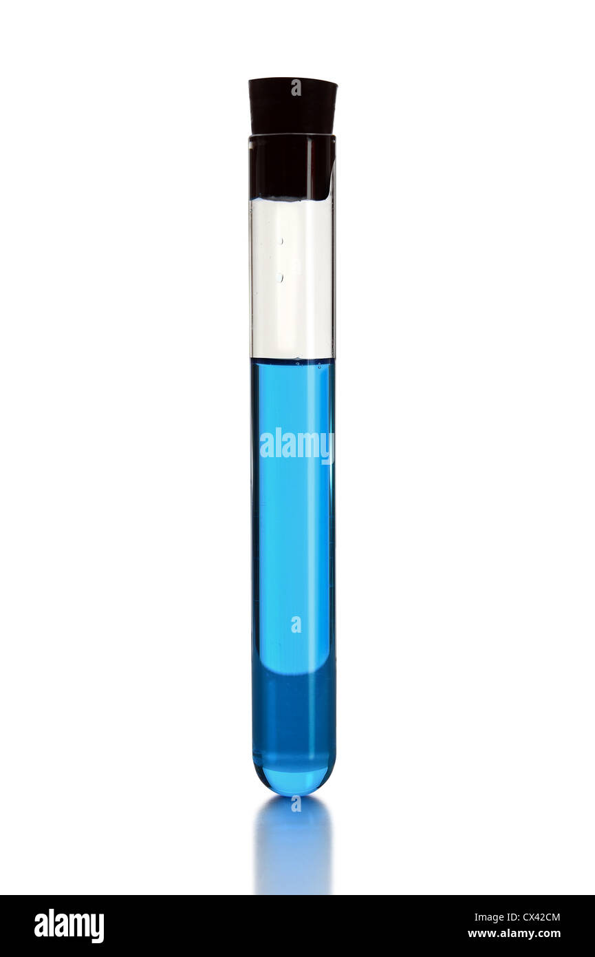 Test tube with blue liquid isolated over white background - With ...