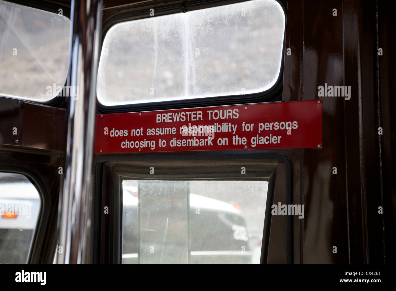 Warning signboard inside a Brewester's bus at the Columbian icefields ...