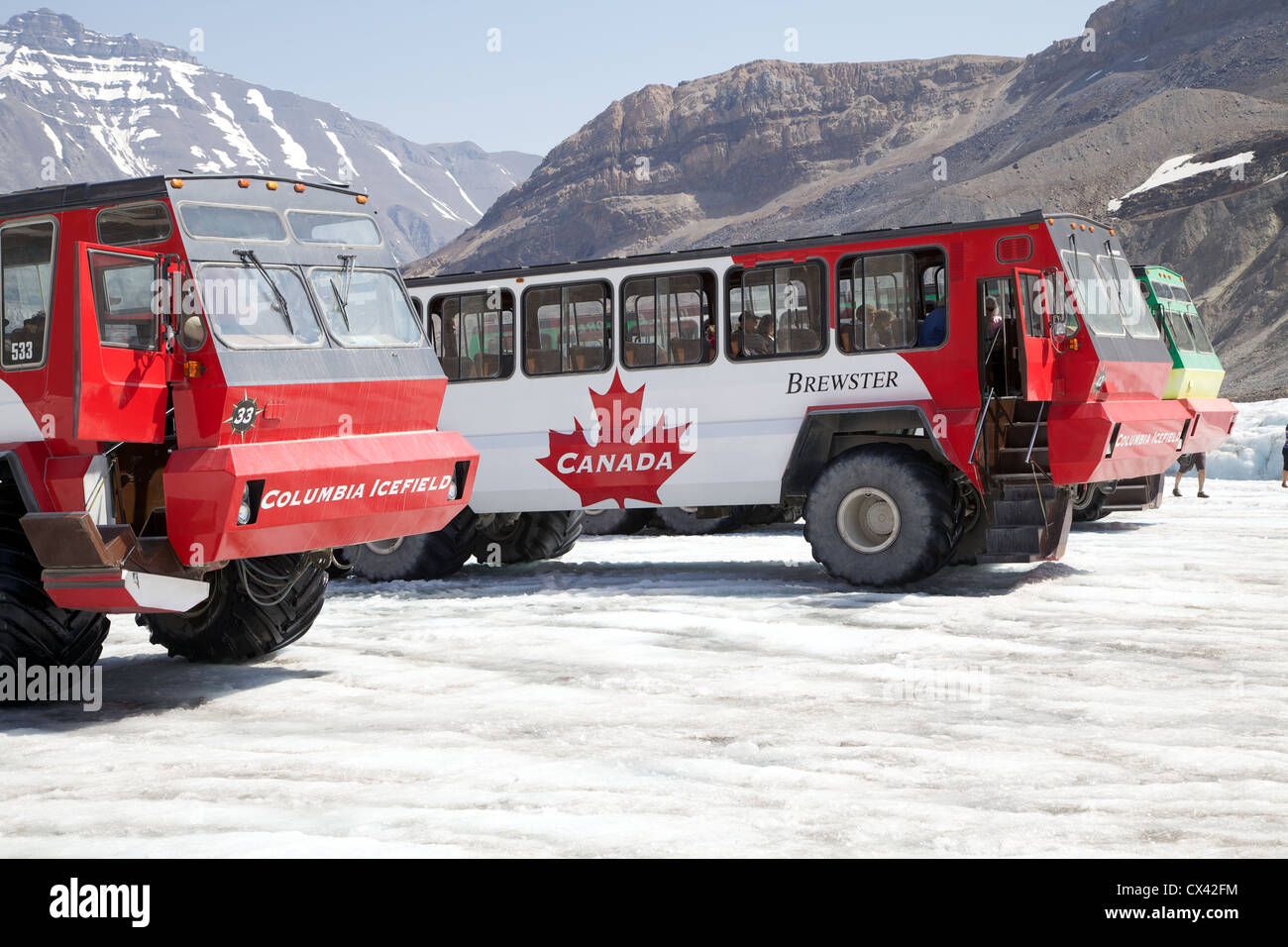 Brewester buses at the Columbian icefields in Alberta, Canada Stock ...
