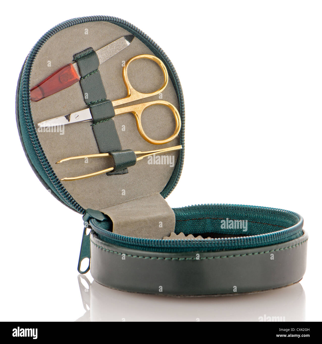 Small green leather travel care kit on white background Stock Photo - Alamy
