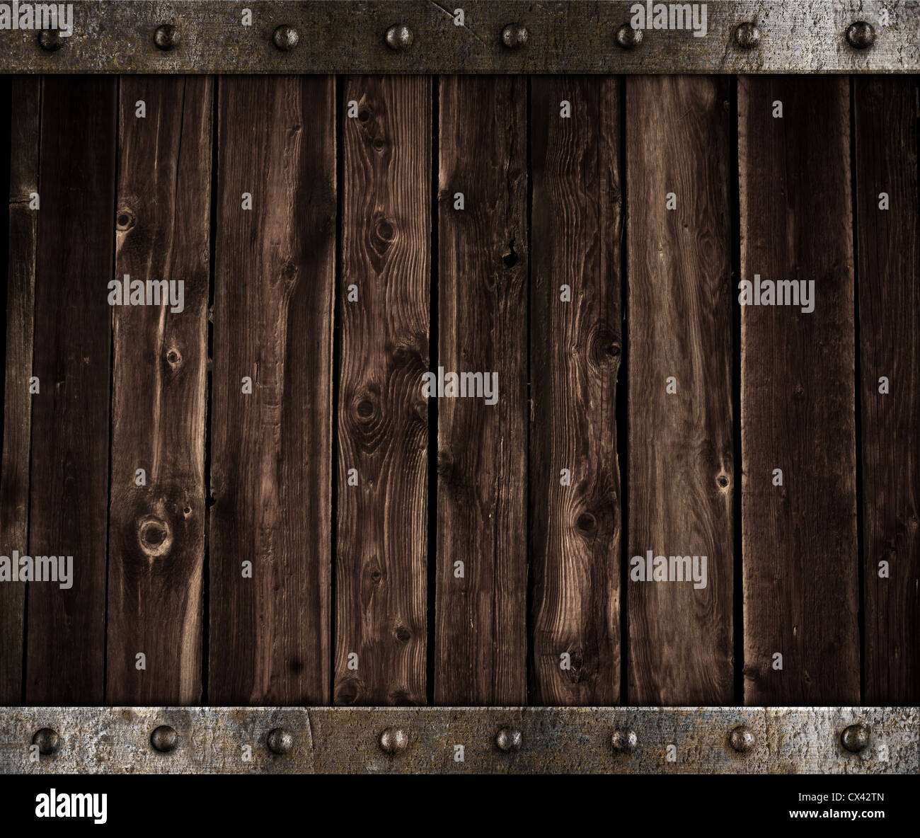 wooden background with metal border and rivets Stock Photo - Alamy