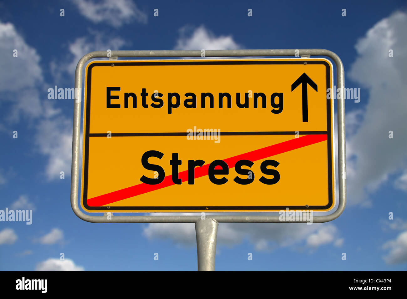 German road sign stress and relaxation with blue sky and white clouds ...