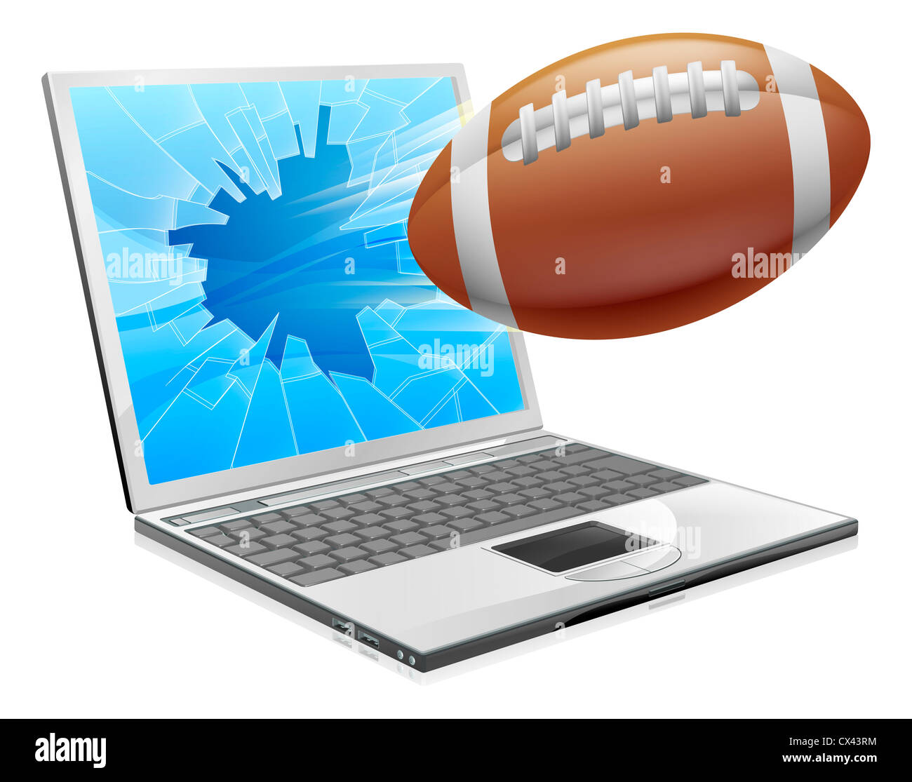 Illustration of a football ball flying out of a broken laptop computer ...