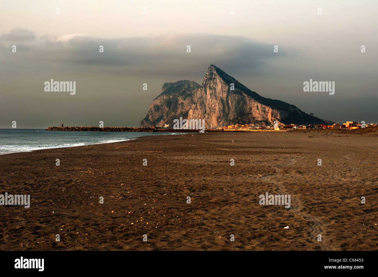 The rock of Gibraltar and the sea. Early morning. View from Spain beach ...