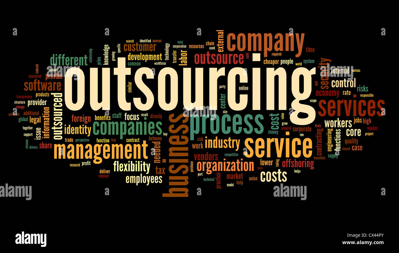 Outsourcing concept in word tag cloud on black background Stock Photo ...