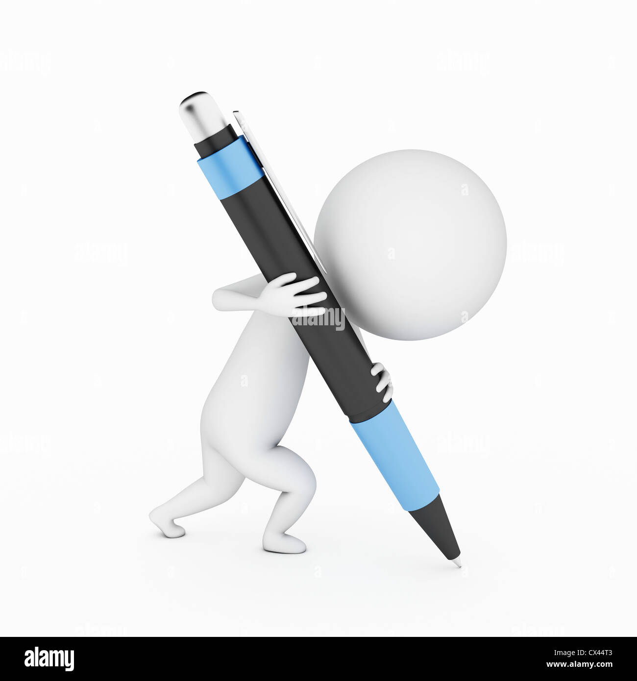 a 3d rendered little guy writing with a big pen Stock Photo - Alamy
