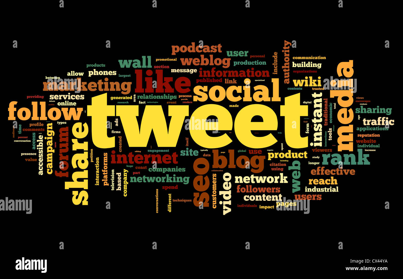 Tweet word in tag cloud isolated on black background Stock Photo - Alamy