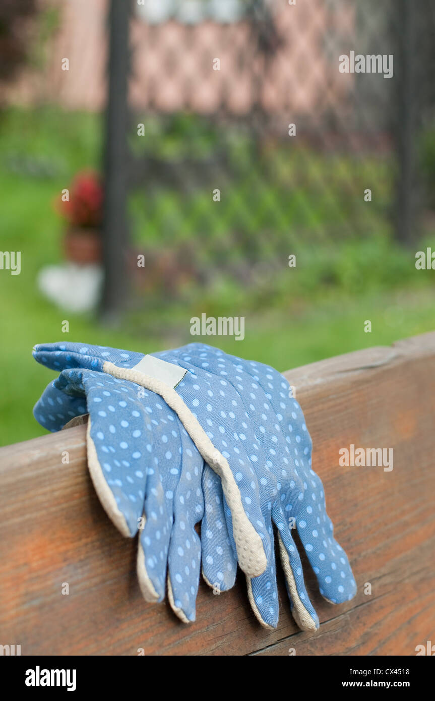 Garden gloves on bench in garden Stock Photo - Alamy