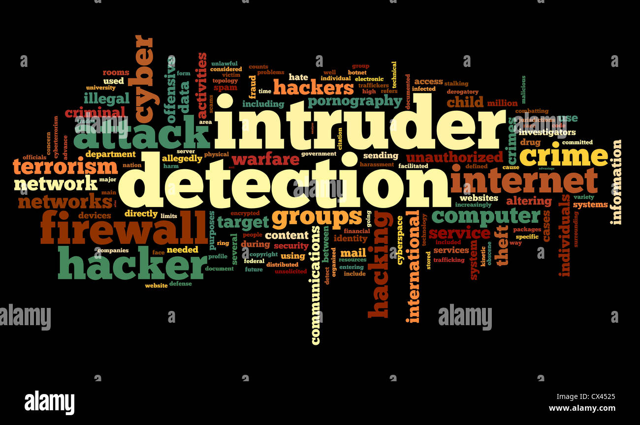Intruder detection concept in word tag cloud on black background Stock ...