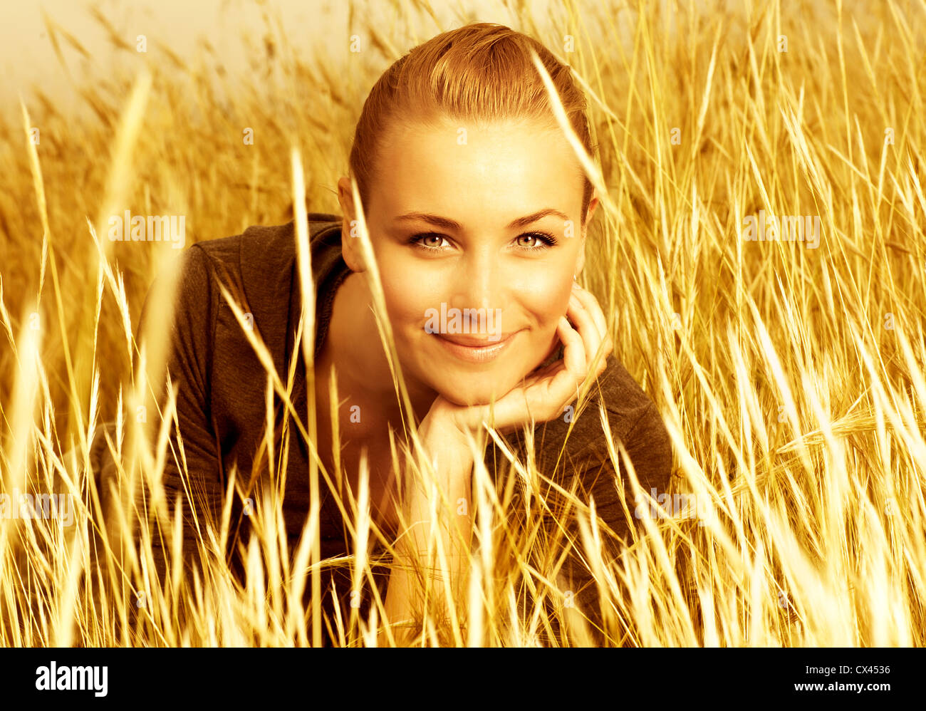 Image of pretty cute woman on wheat field, sweet lovely female enjoying ...