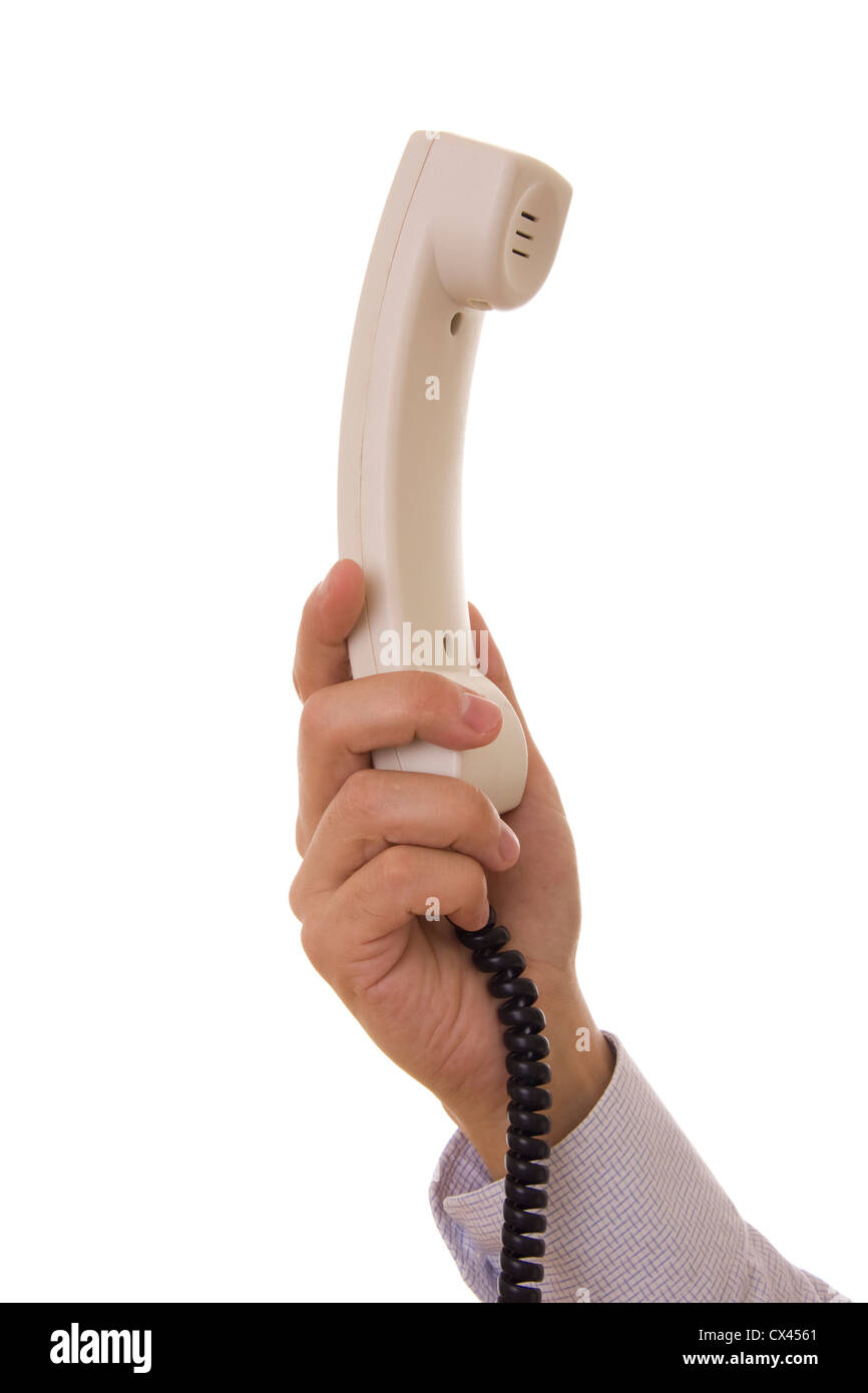 A hand holding a phone isolated on white background Stock Photo - Alamy