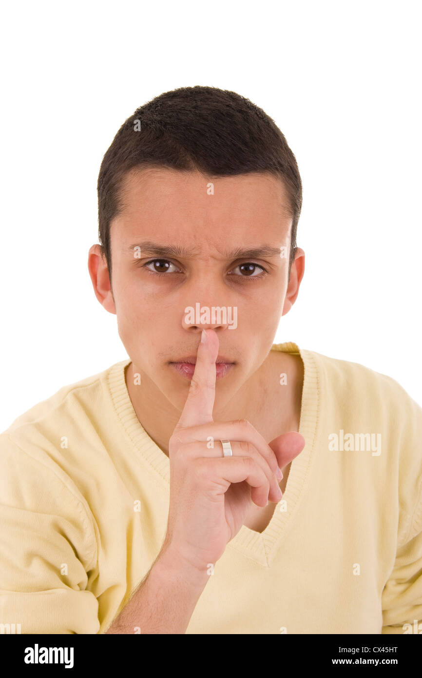 Man showing the sign for silence with his index finger Stock Photo - Alamy