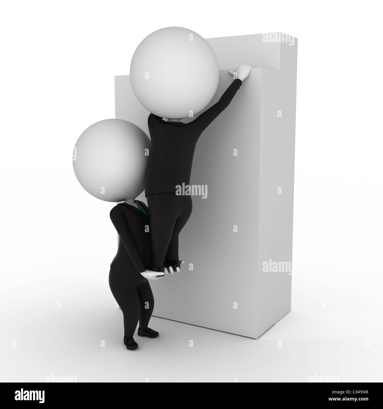 little businessman giving his collegue a boost Stock Photo - Alamy