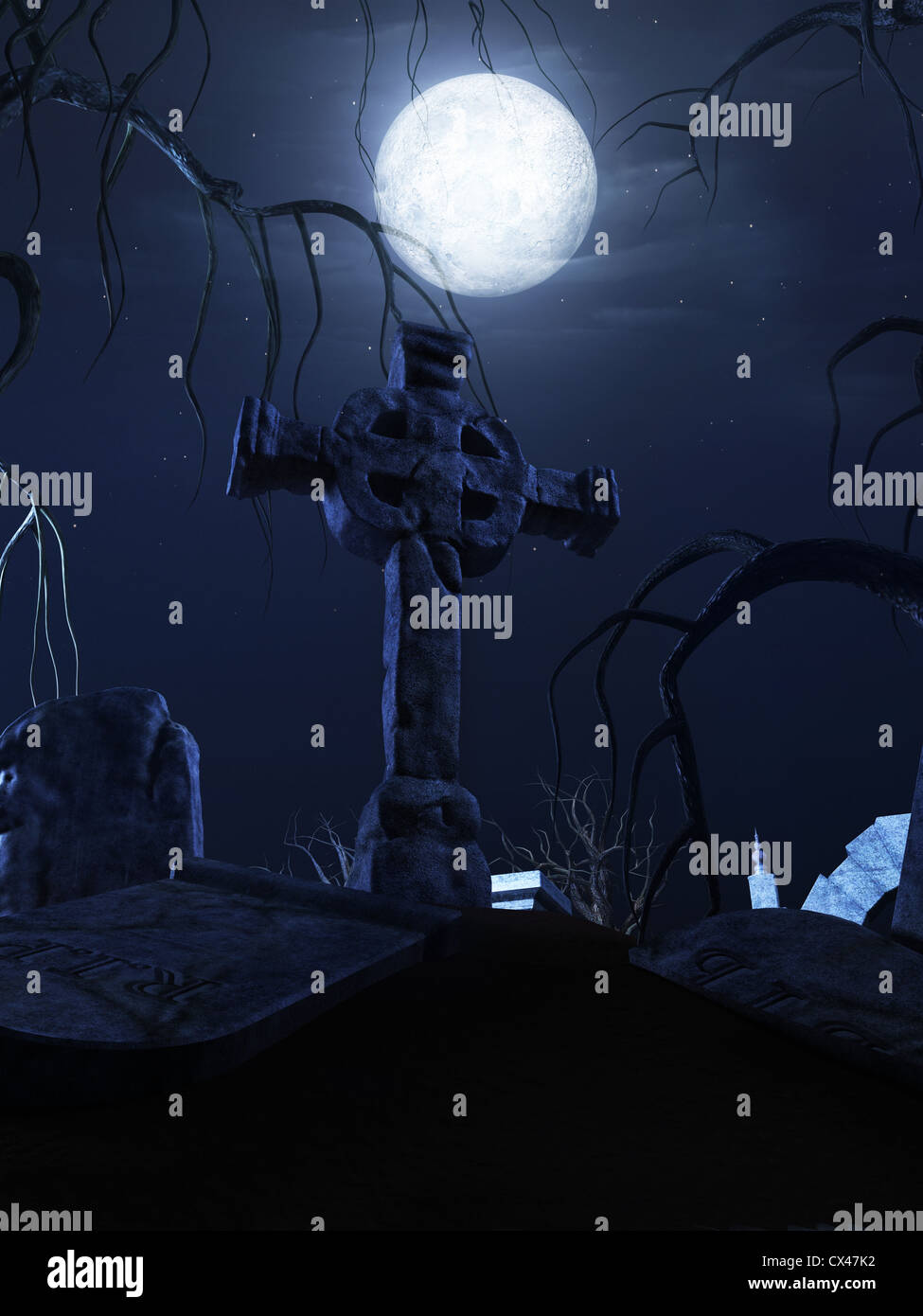 3d rendered scene of a dark scary graveyard Stock Photo - Alamy