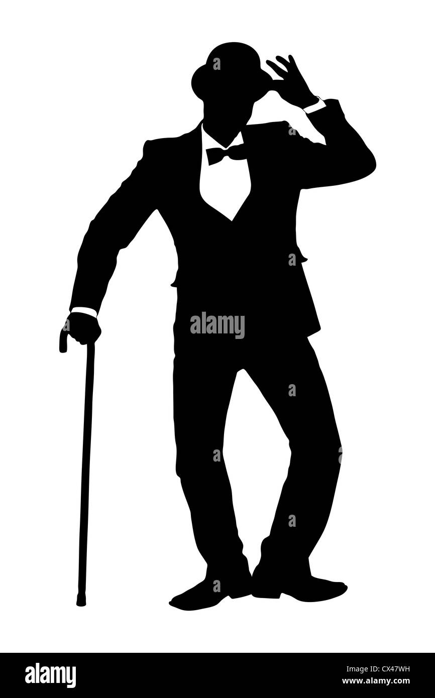 A silhouette of a man holding a cane and gesturing isolated on white ...