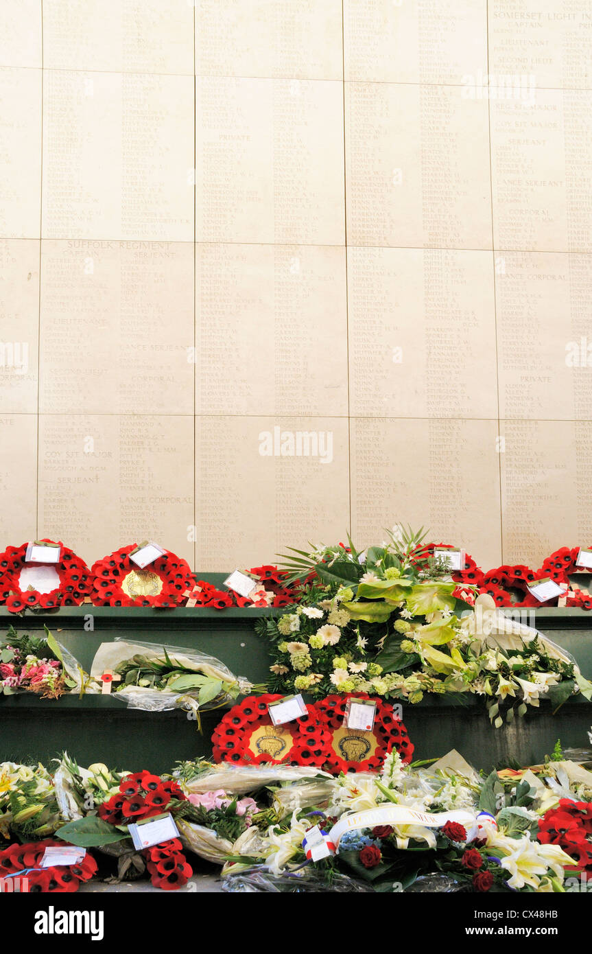 Wreaths of remembrance left in front of the list of names on the Menin ...