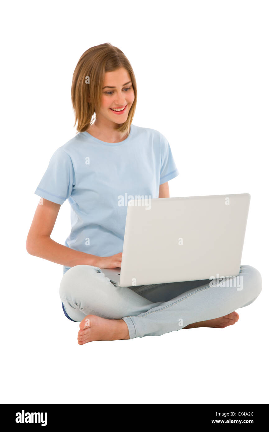 Girl teenager white background computer Cut Out Stock Images & Pictures ...