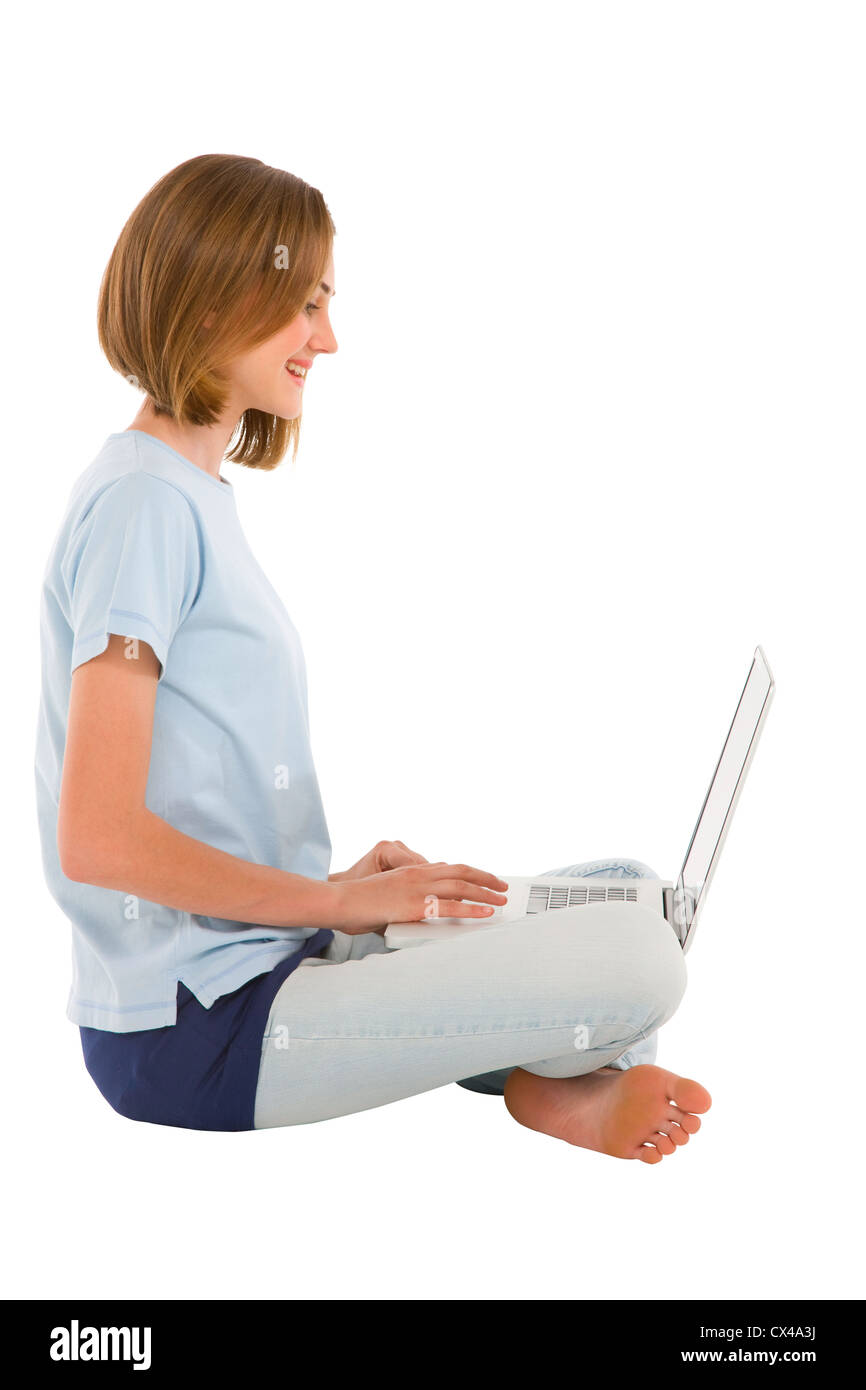 Girl teenager white background computer Cut Out Stock Images & Pictures ...