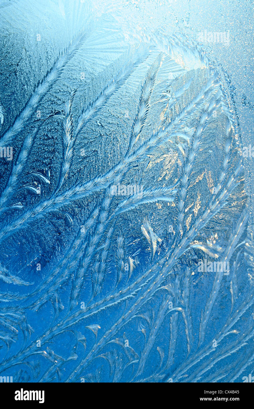 Frost-work, blue pattern on a glass Stock Photo - Alamy