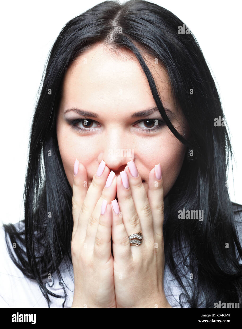 discreet awkward meaningful silence pretty woman with hands over mouth ...