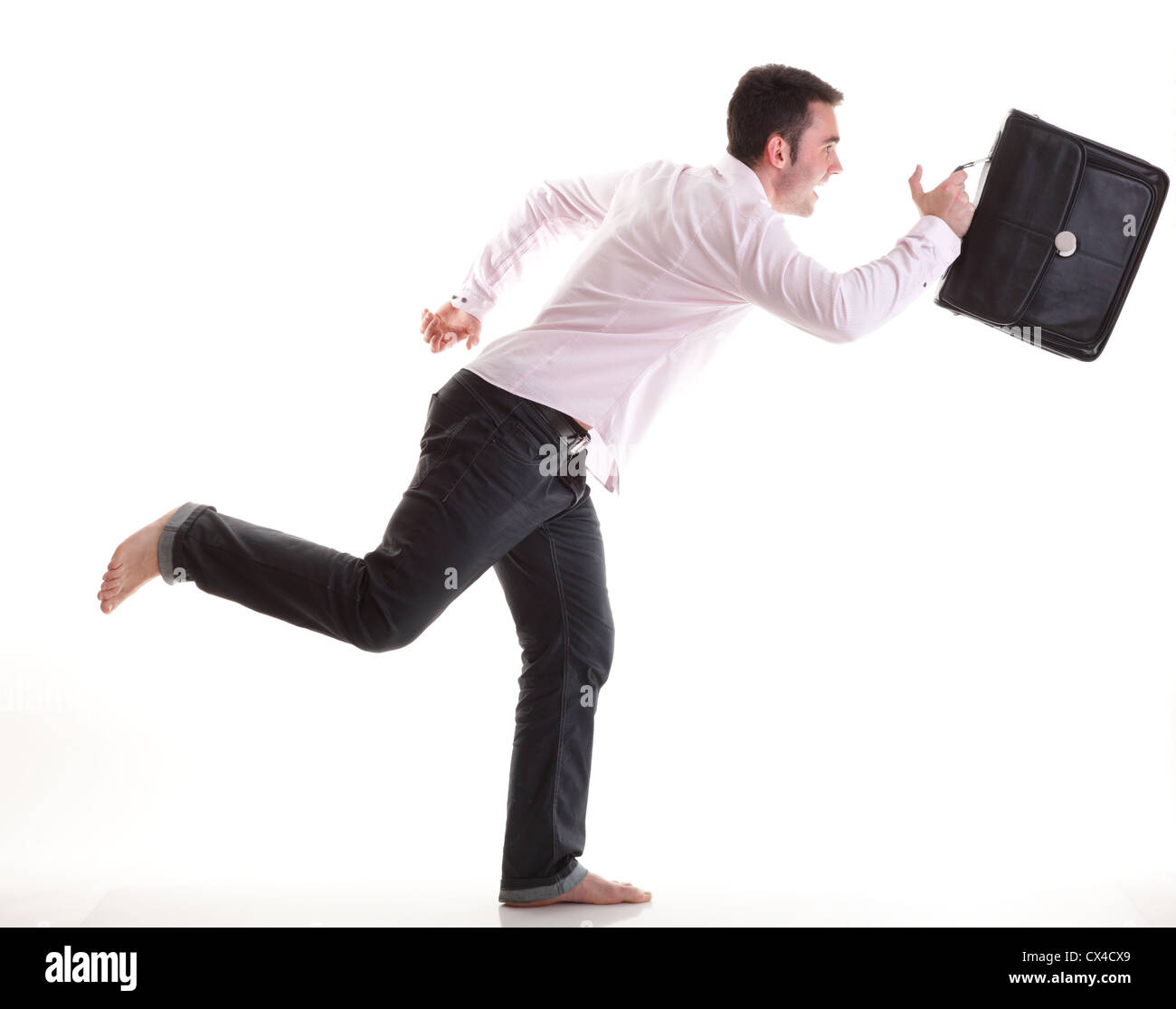 Businessman running with a briefcase, isolated on white background ...