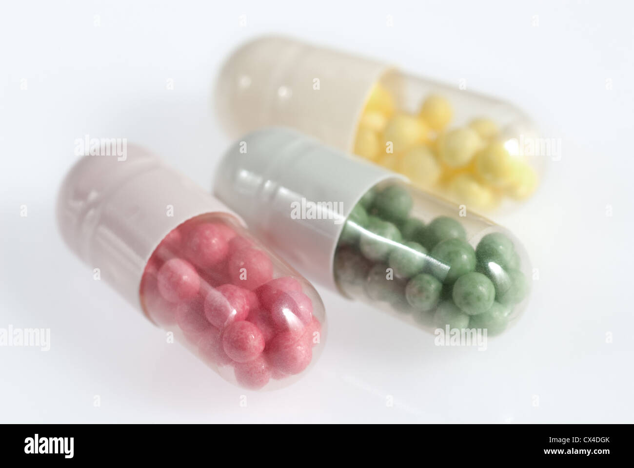 Pill capsules with an artificial and toxic looking content Stock Photo ...