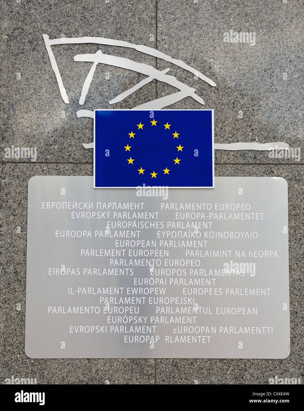 Multi-lingual sign on the wall of the European Parliament in Brussels ...