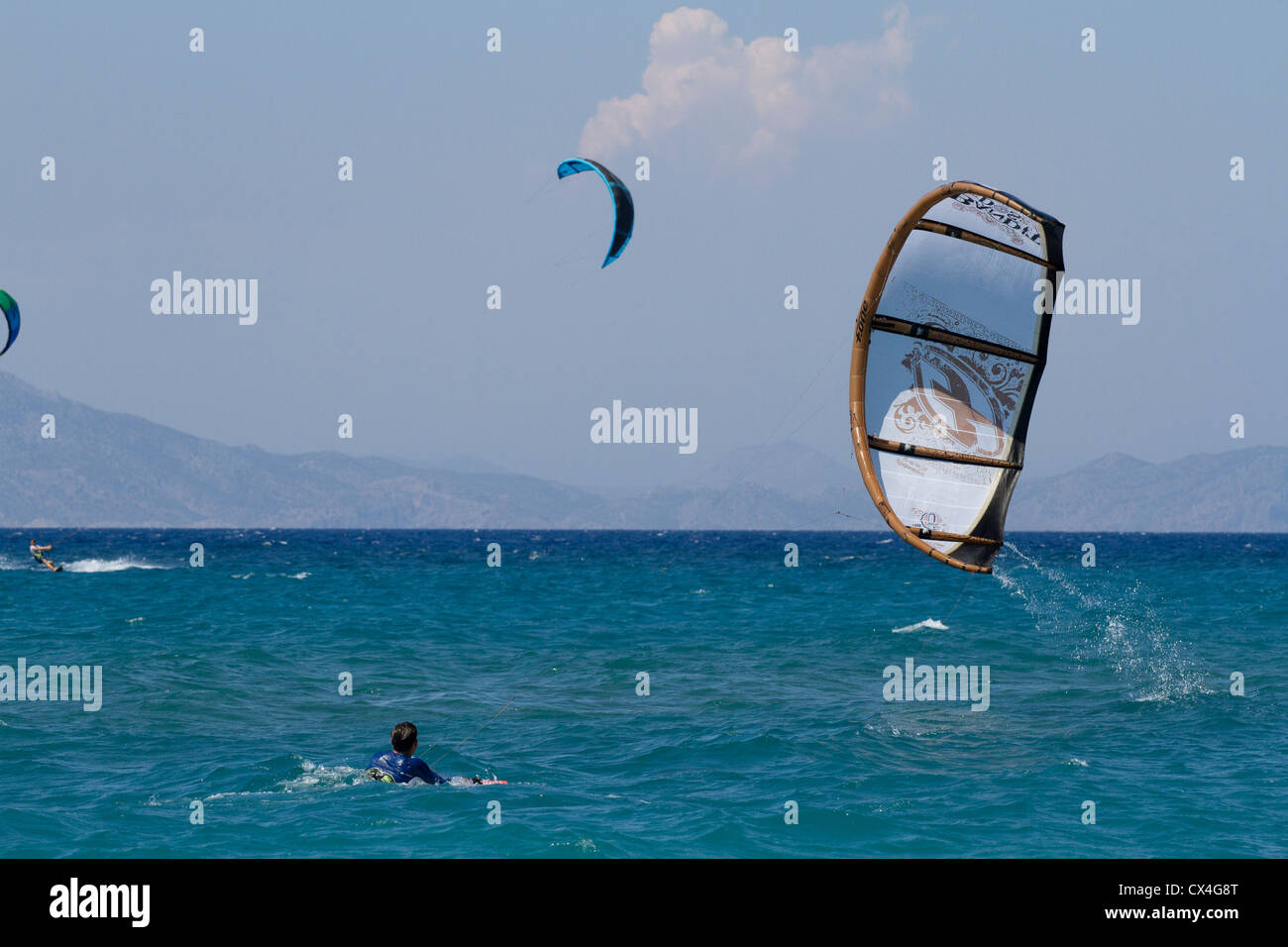 Kitesurfing or kiteboarding on the Island of Rhodes, Aegean, Greece ...