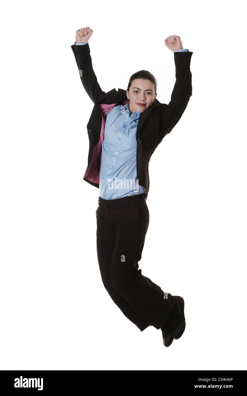 Jumping business woman. Celebrating successful businesswoman in suit ...
