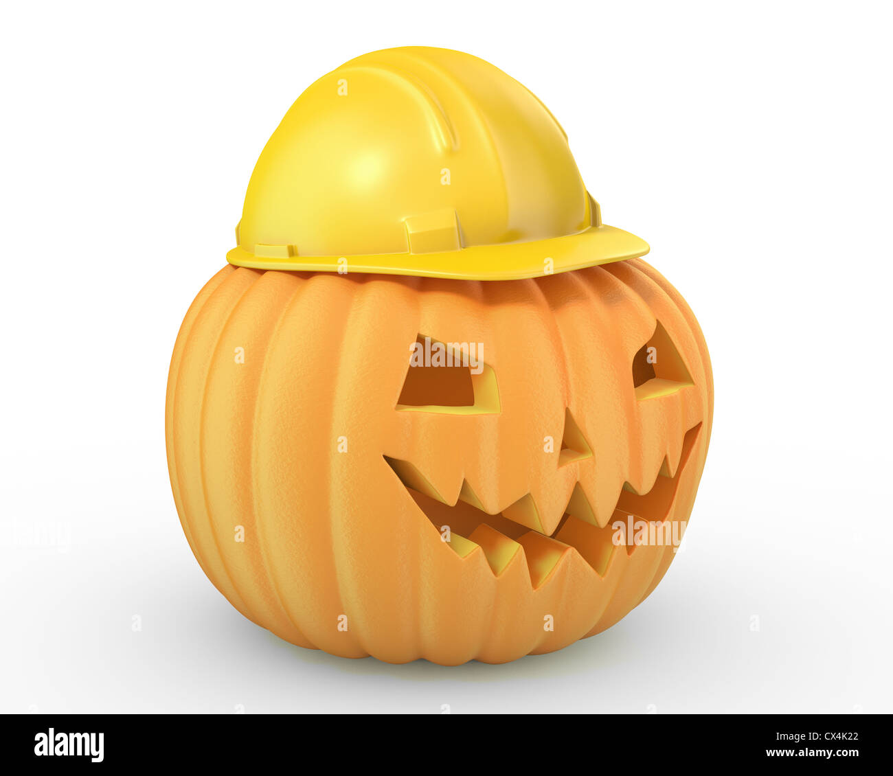 Holiday pumpkin jack lantern in a yellow helmet isolated on white ...