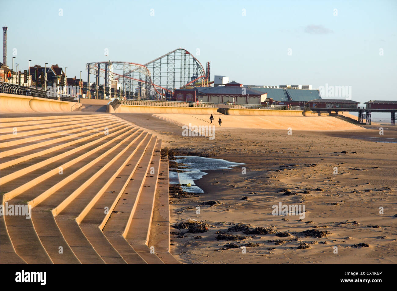 Steps onto the beach, regenerated Blackpool Promenade, Pleasure Beach ...