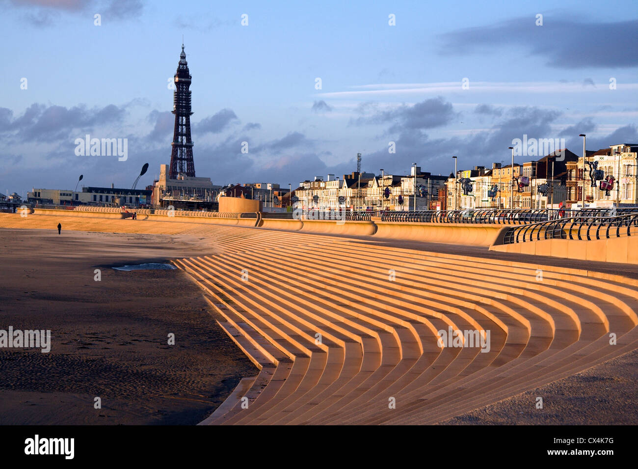 Steps onto the beach, regenerated Blackpool Promenade, with Blackpool ...