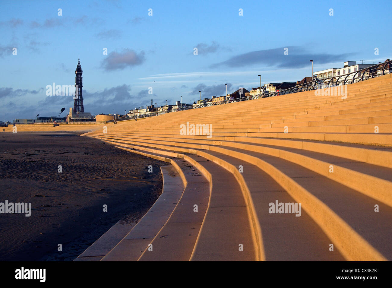 Steps onto the beach, regenerated Blackpool Promenade, with Blackpool ...