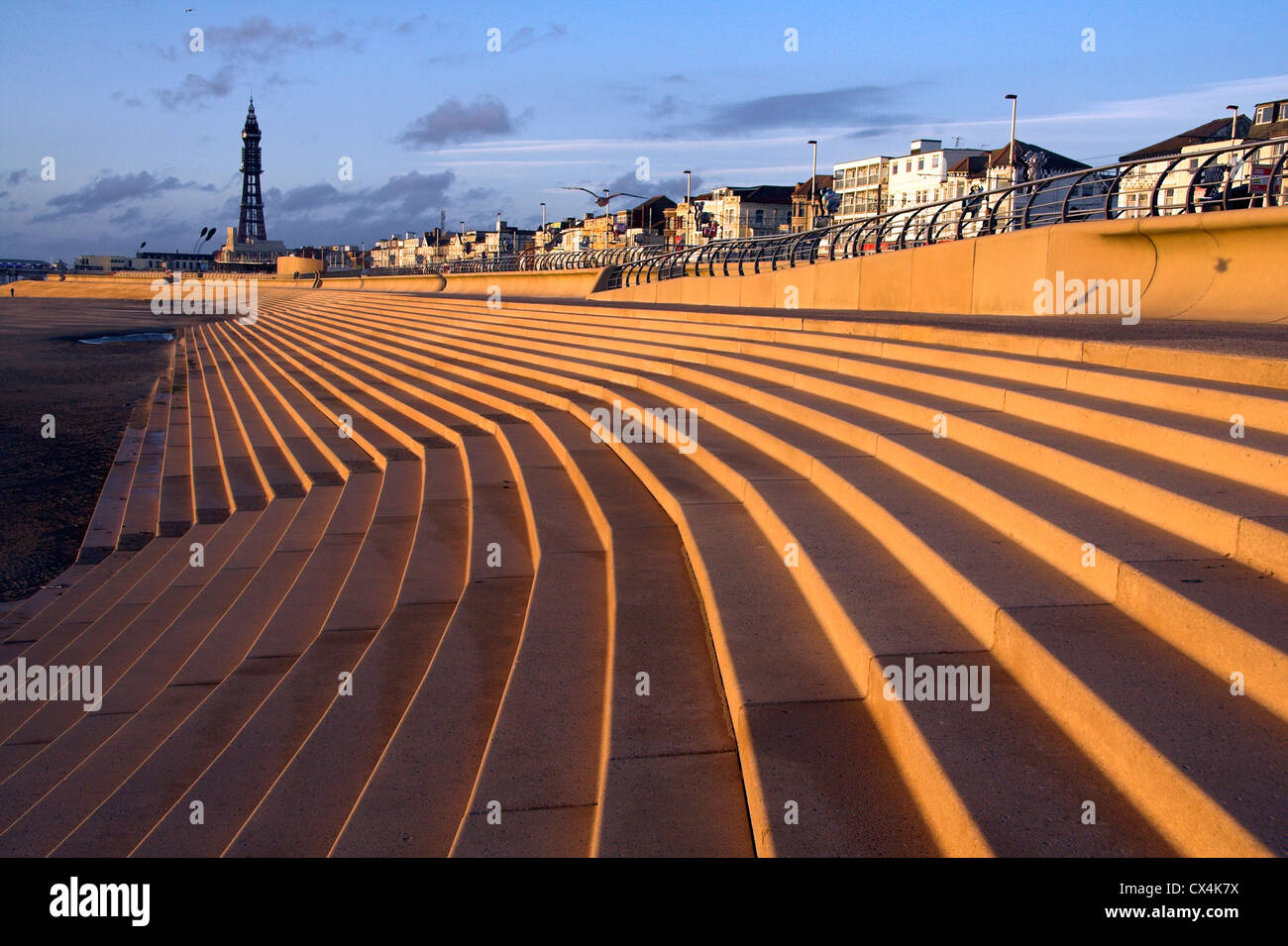 Steps onto the beach, regenerated Blackpool Promenade, with Blackpool ...