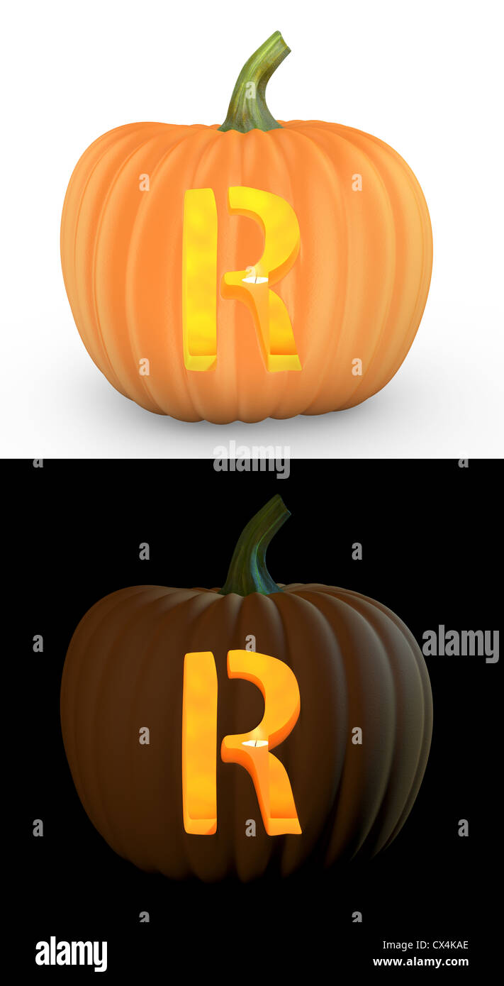 R letter carved on pumpkin jack lantern isolated on and white ...