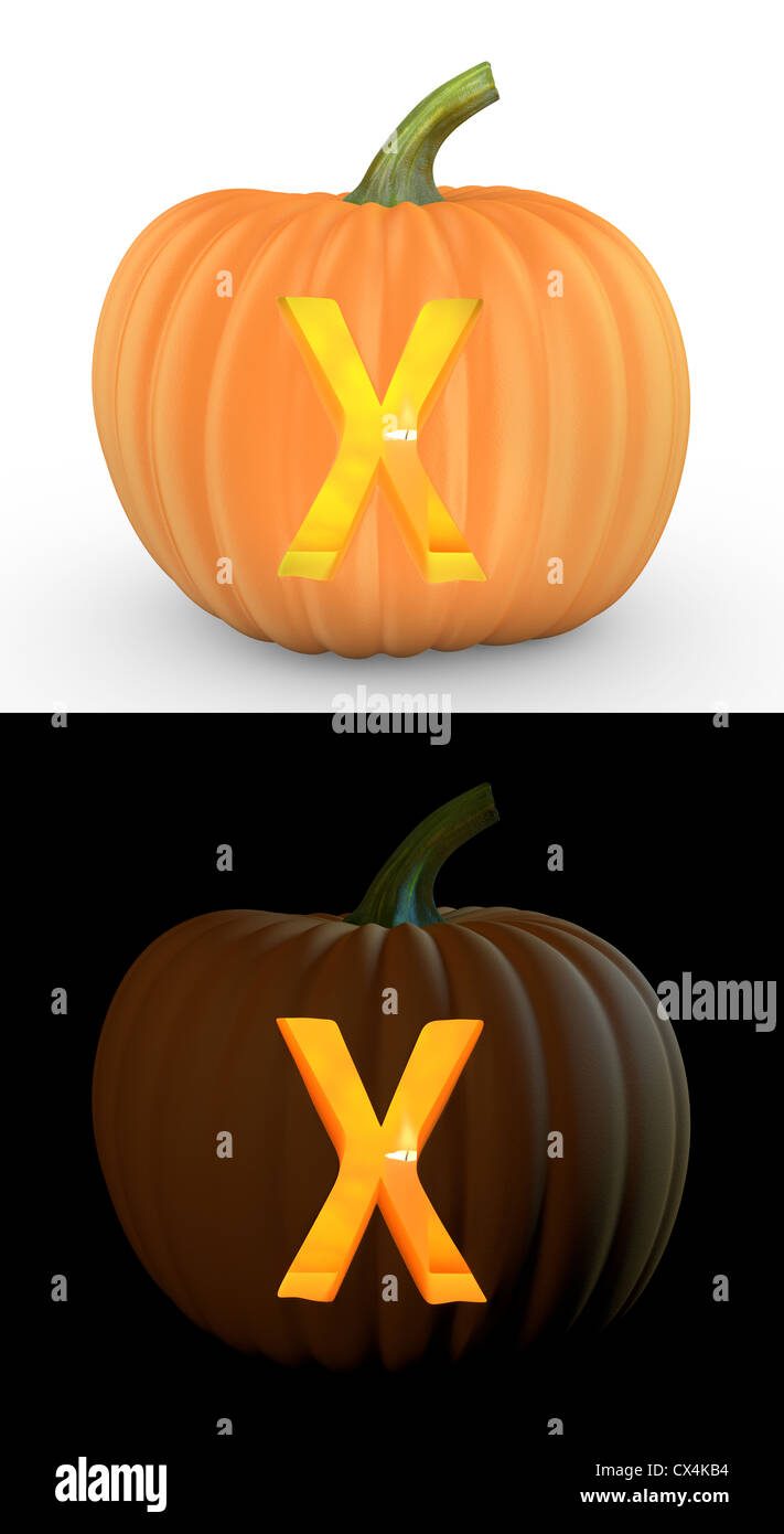 X letter carved on pumpkin jack lantern isolated on and white ...