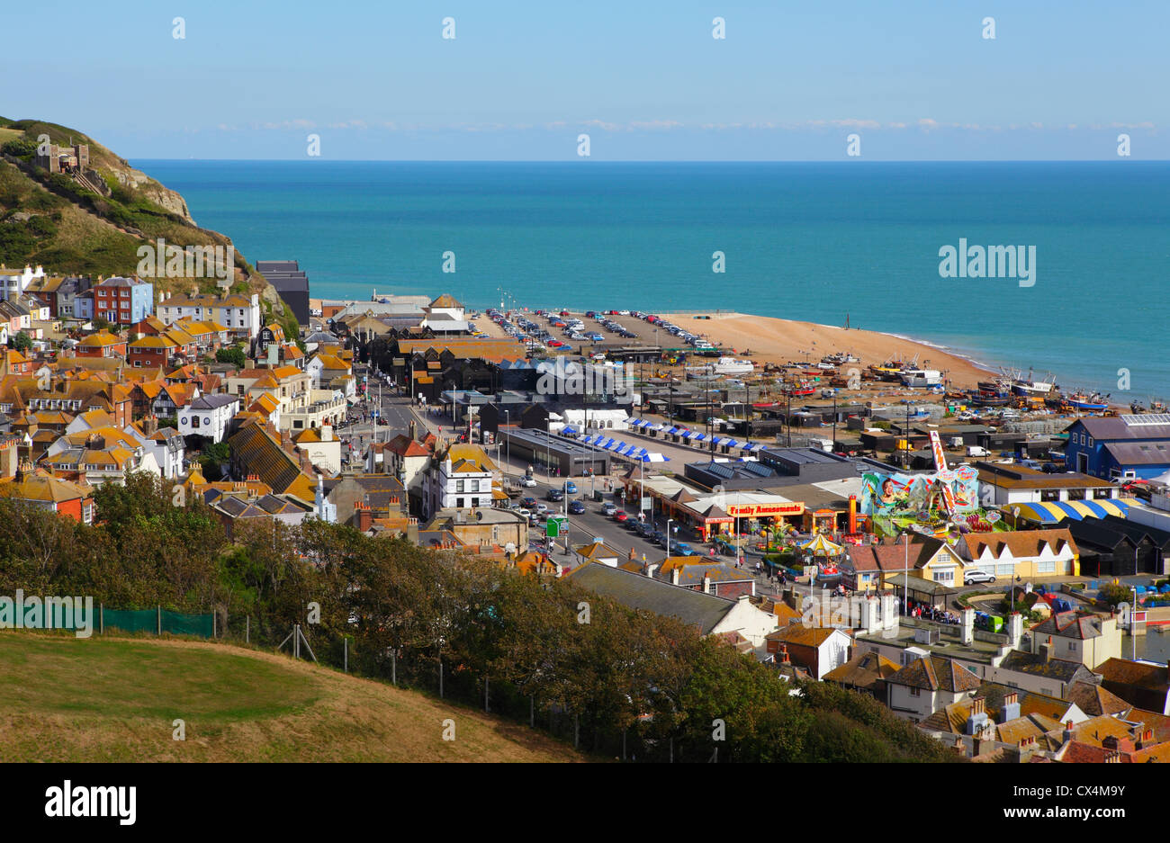 View of Hastings Old Town seafront from the West Hill, East Sussex ...