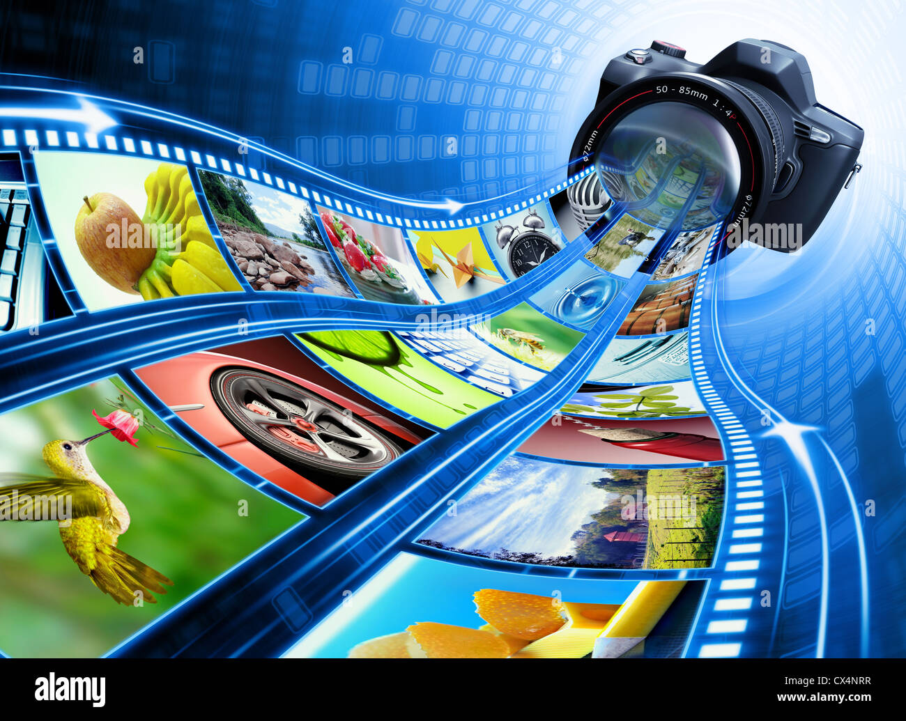 Professional camera takes pictures. The film strip of pictures enter ...