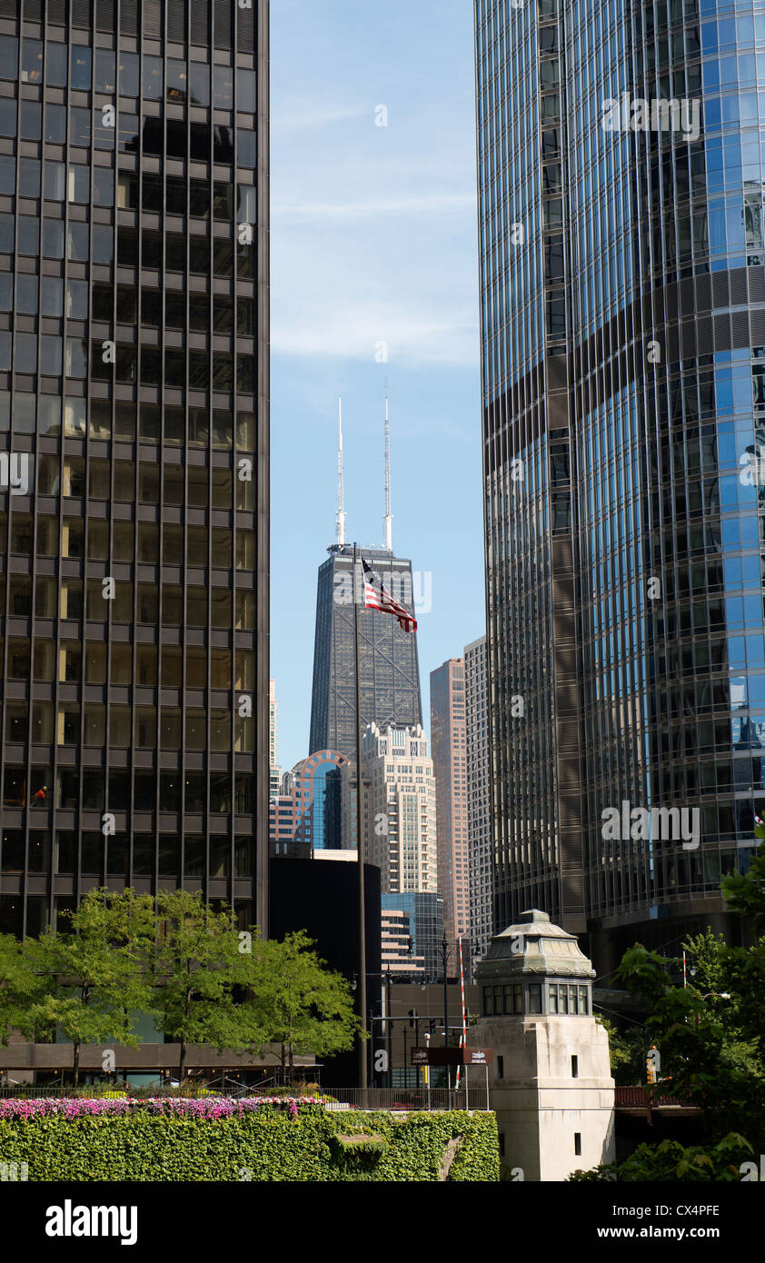Chicago buildings and bridge tower with Hancock Building in background ...