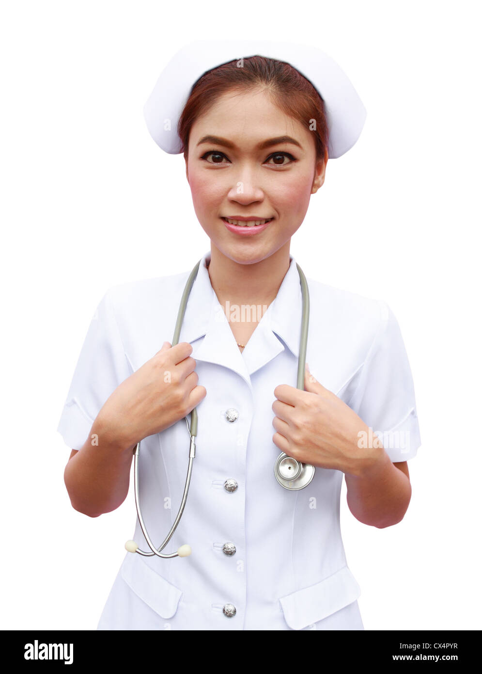 Young nurse with stethoscope on white background Stock Photo - Alamy