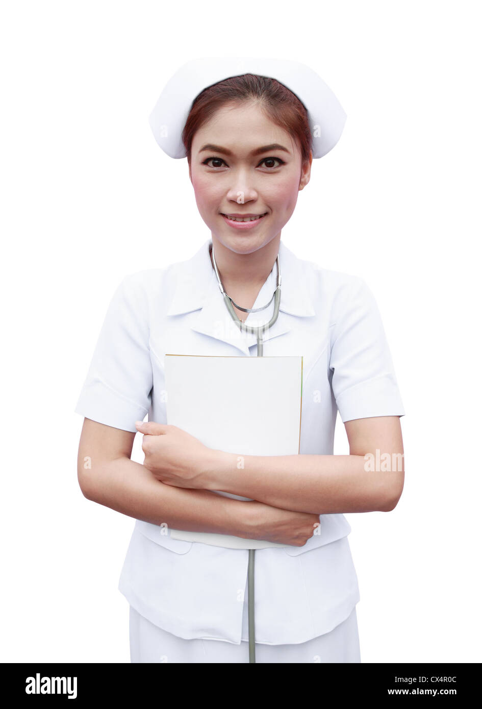 young nurse with medical report on white background Stock Photo - Alamy
