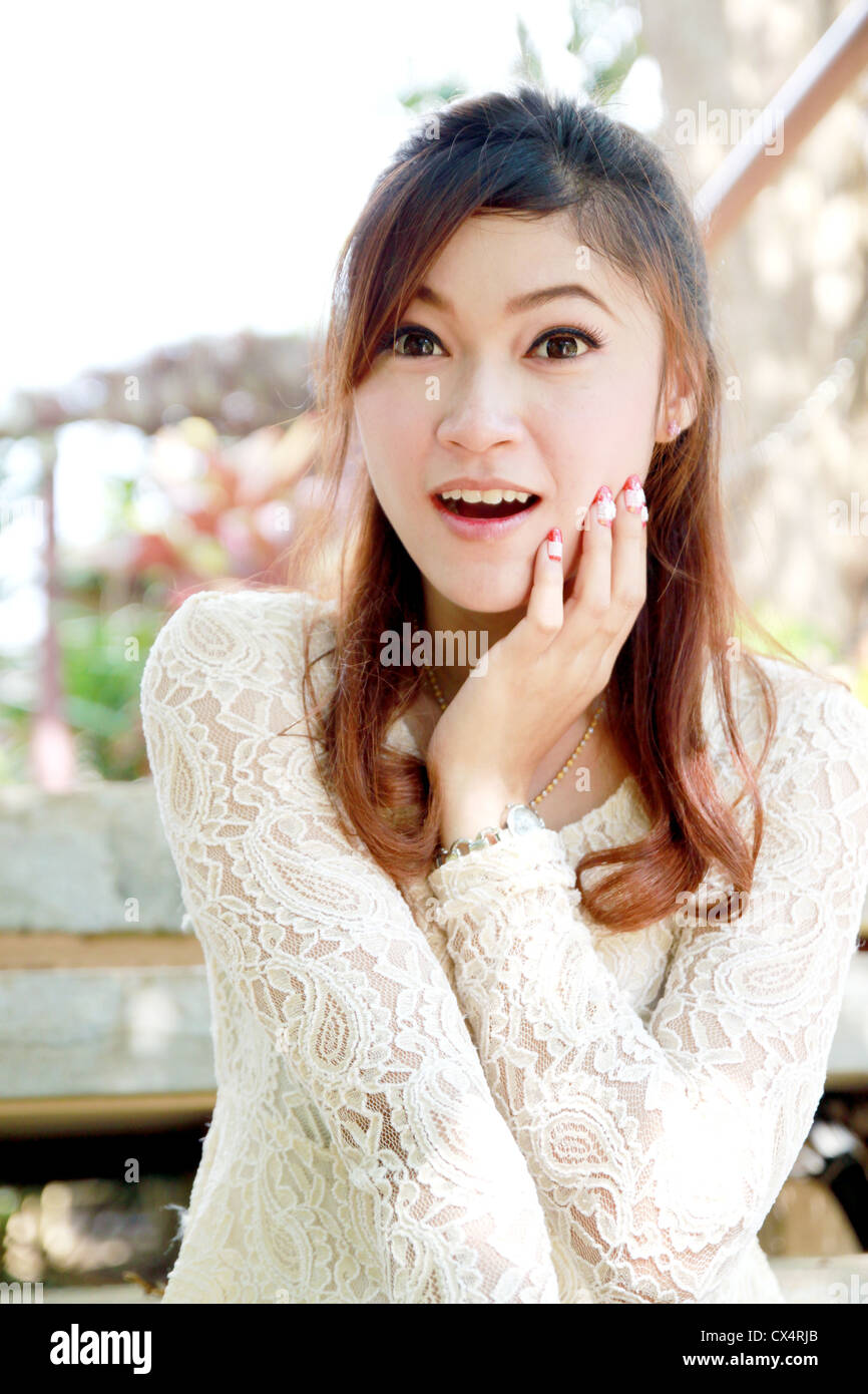 Asian female woman in a shocked pose Stock Photo - Alamy