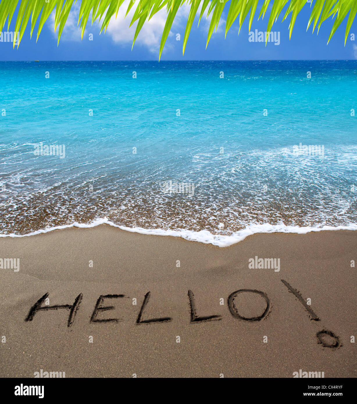 Brown sand beach with written word Hello in Canary Islands Stock Photo ...
