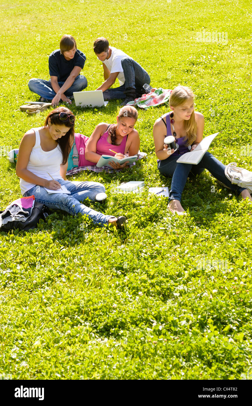Students studying sitting in the park teens reading writing laptop ...