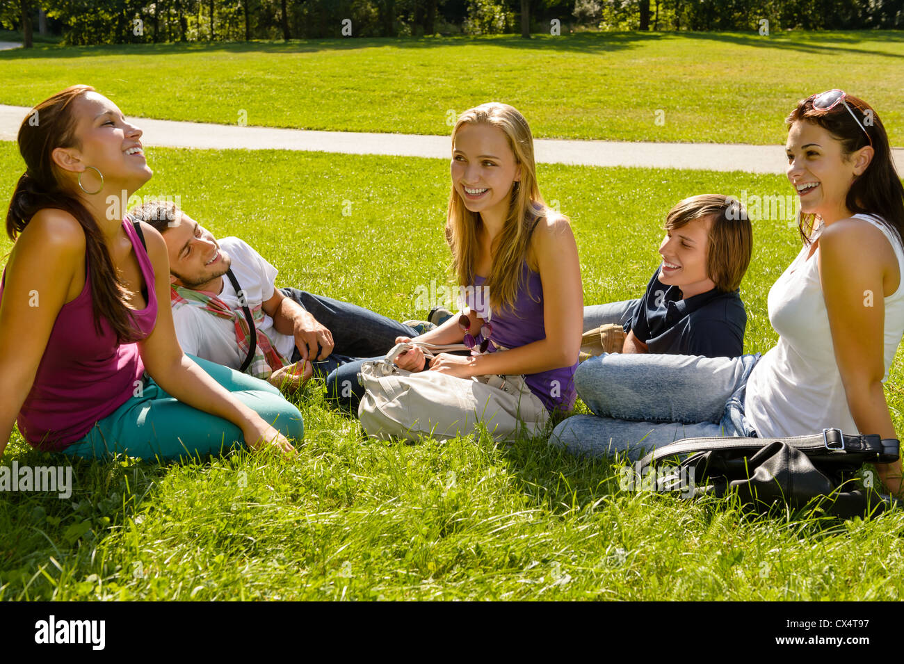 Teens sitting on lawn in park talking friends happy leisure Stock Photo ...