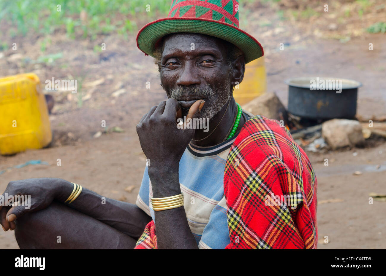 Jinka Ethiopia Africa village Lower Omo Vall old man aged 70 in hat in ...